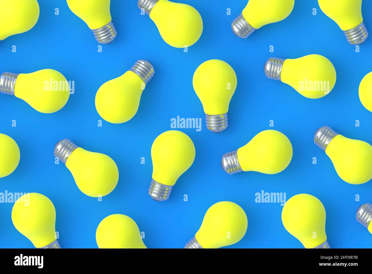 Strewn yellow light bulbs on blue background. Top view. 3d render Stock ...