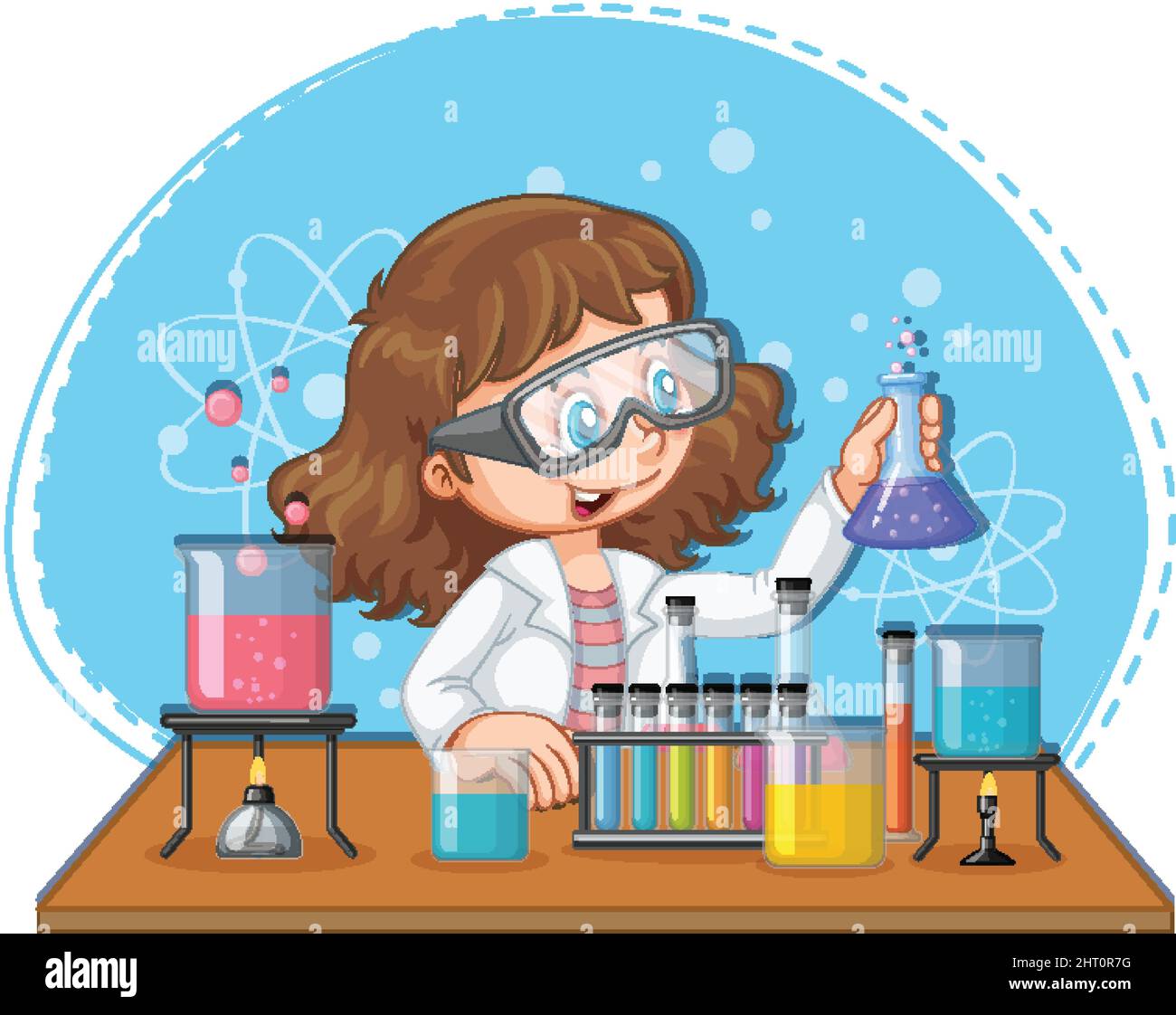 Scientist girl cartoon character with laboratory equipments ...