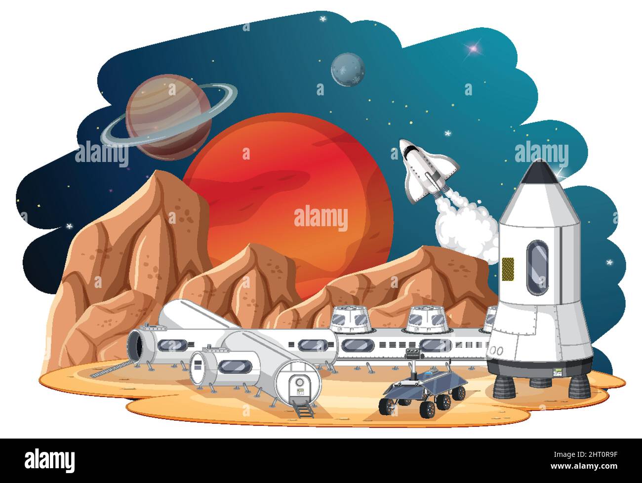 Isolated landscape of planet surface with colony buildings illustration ...