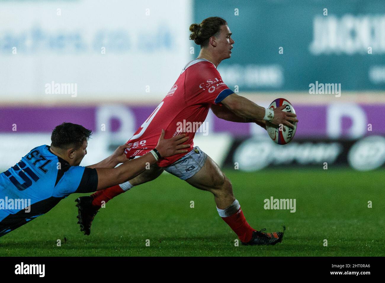 Llanelli, UK. 25 February, 2022. Llanelli RFC scrum half Harri Williams ...