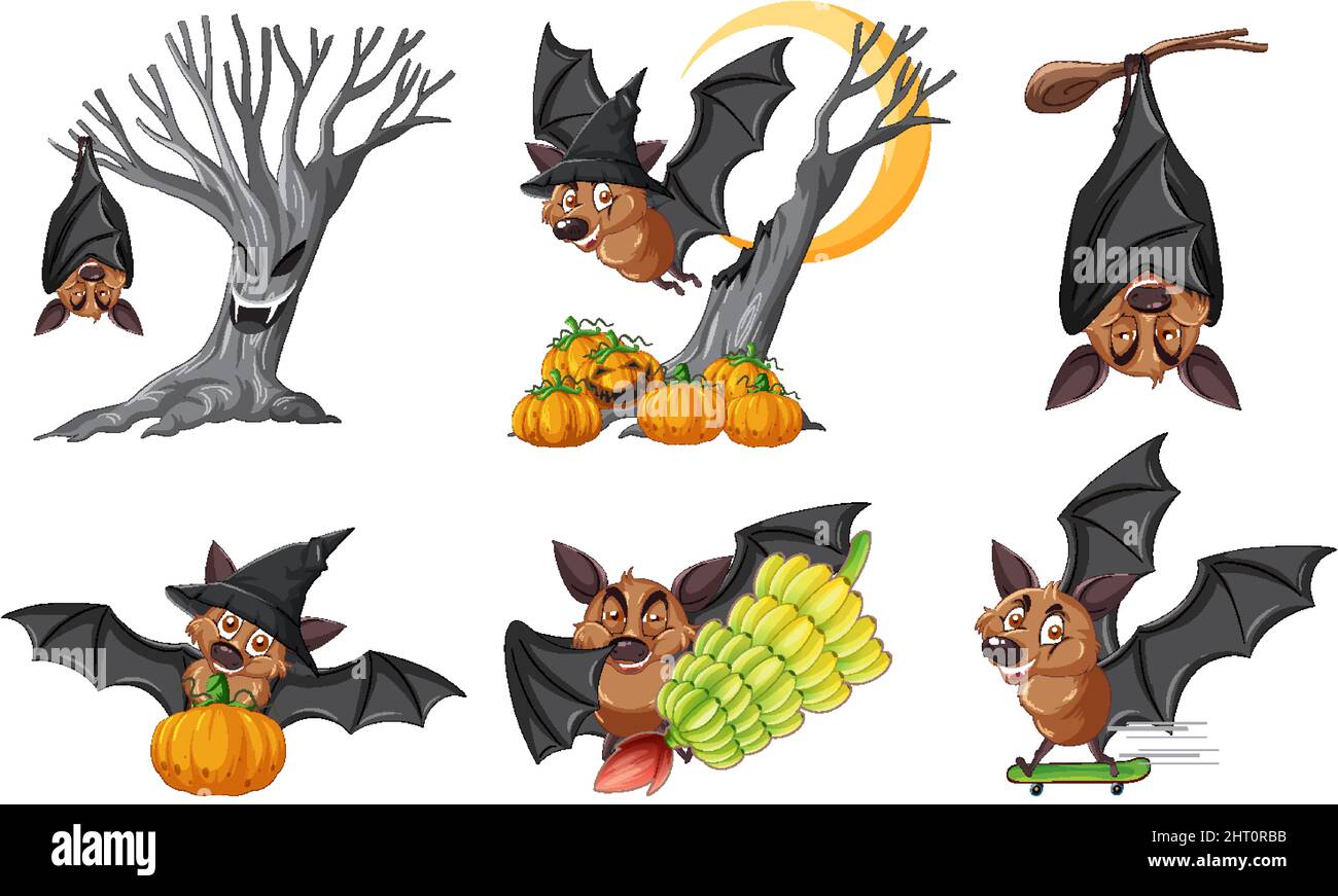 Set of different cute bats cartoon characters illustration Stock Vector ...