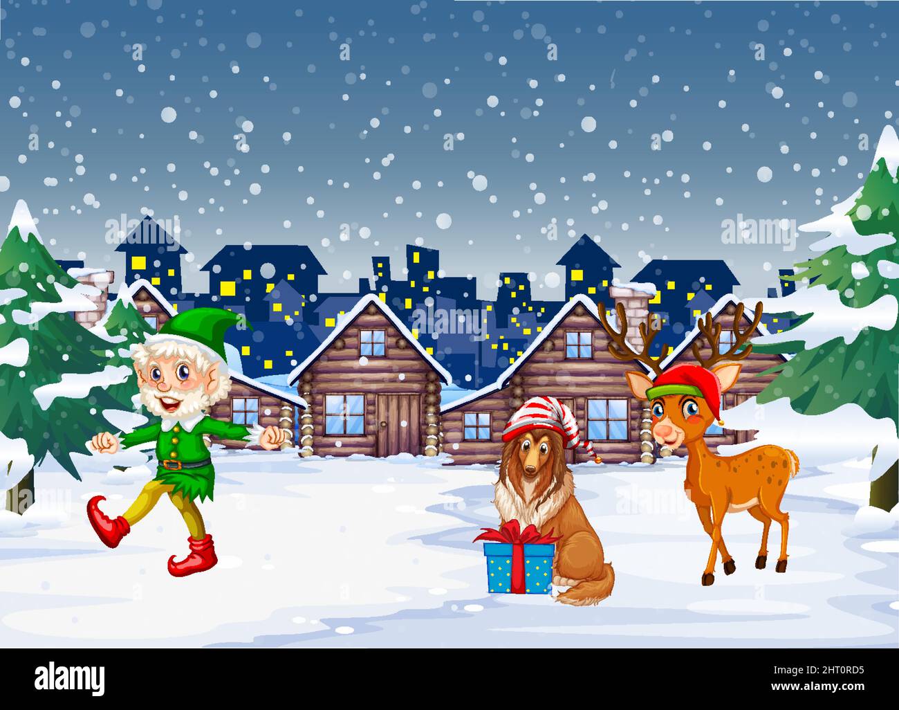 Snowy night scene with Christmas cartoon characters illustration Stock ...