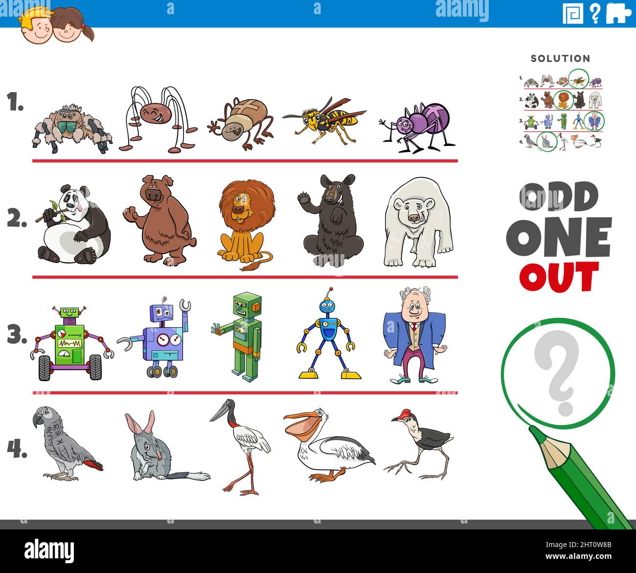 Cartoon illustration of odd one out picture in a row educational game ...