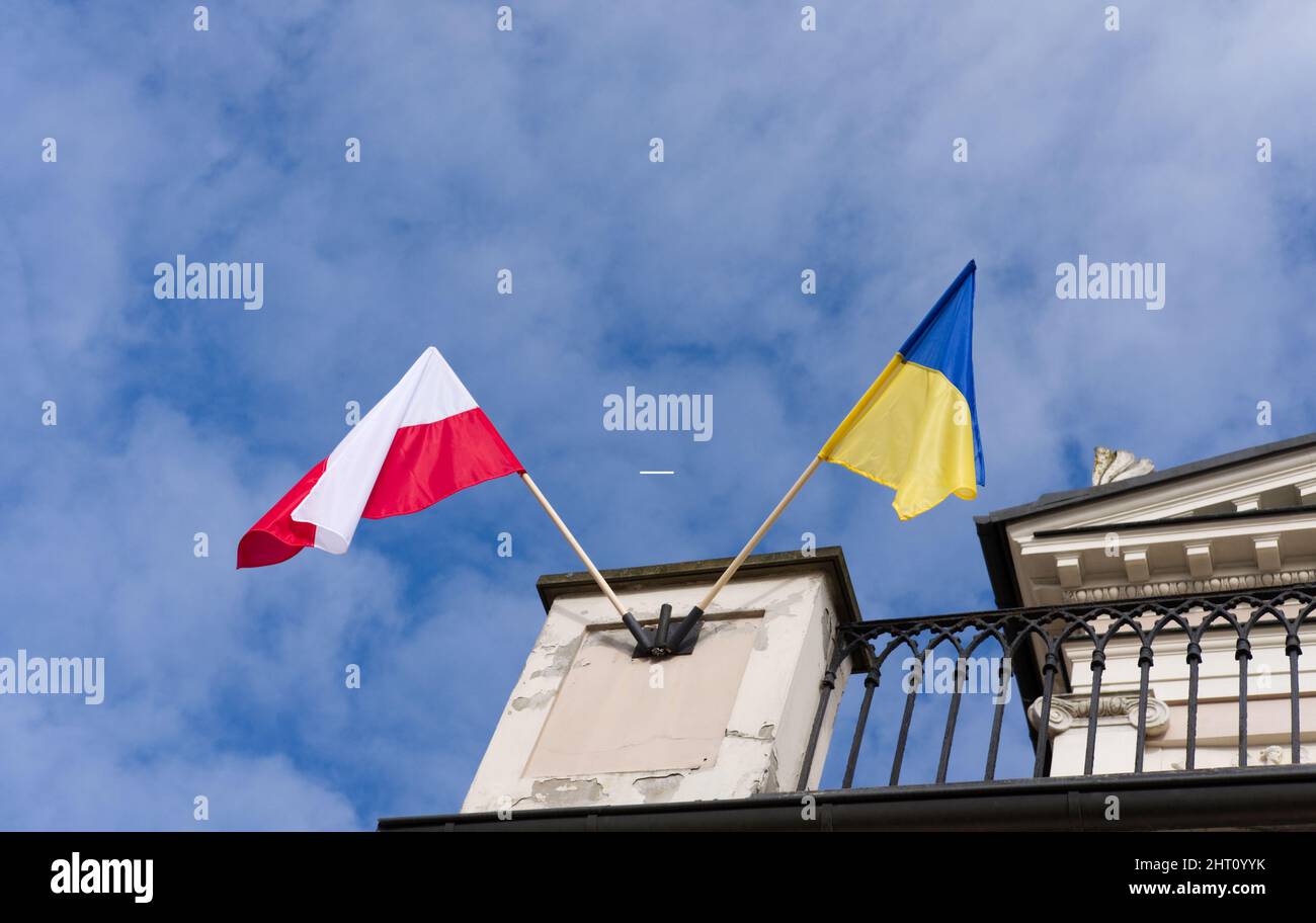 Peace sign in colors of flag of Ukraine left on fence outside Ukrainian ...