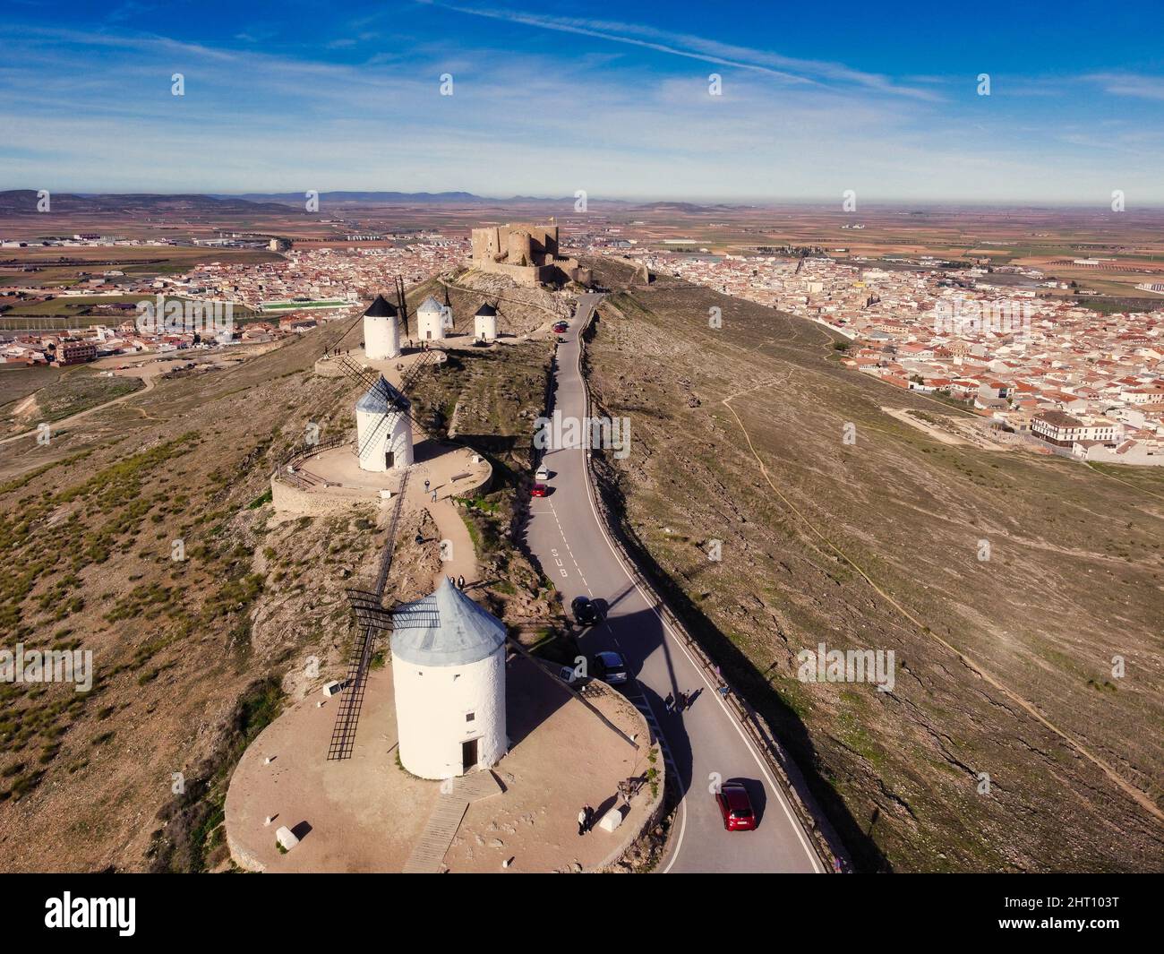 Aerial view of old windmills and a castle in Consuegra Stock Photo - Alamy