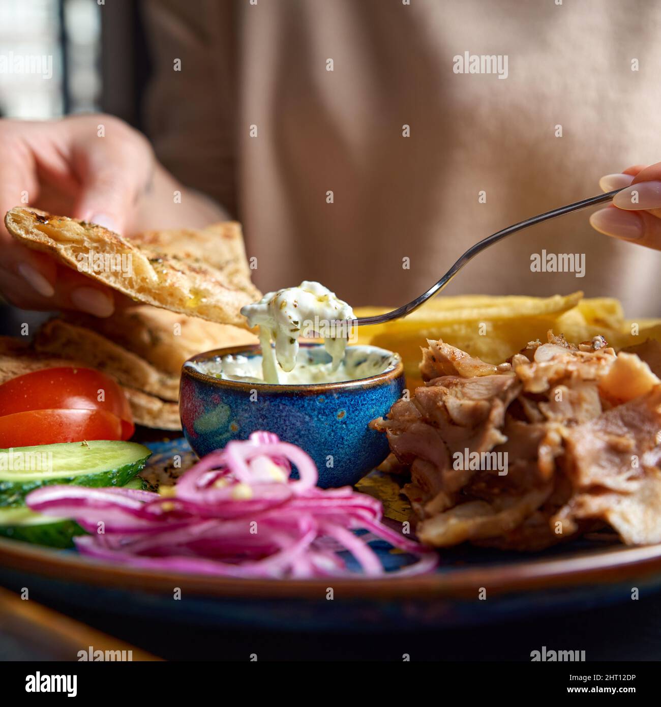 Continental breakfast. traditional greek breakfast chicken gyros on a ...