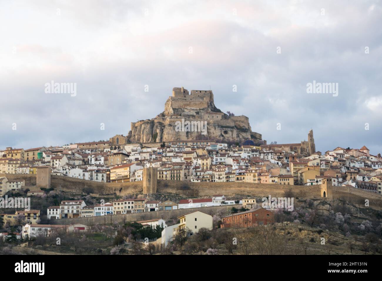 View of the wall and medieval castle of the city of Morella, Spain ...