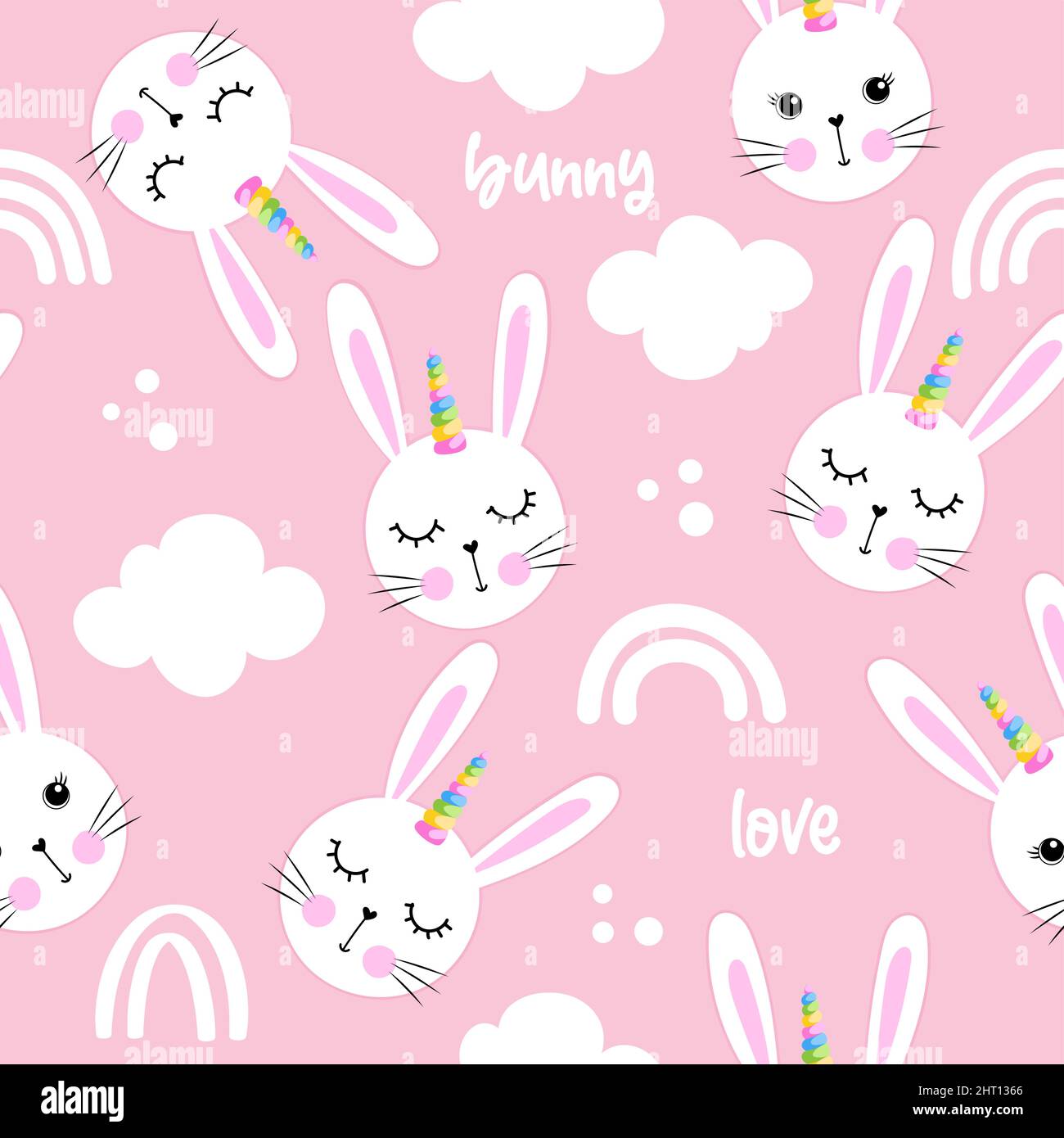 Cute white bunny faces with unicorn hors - funny doodle, seamless ...