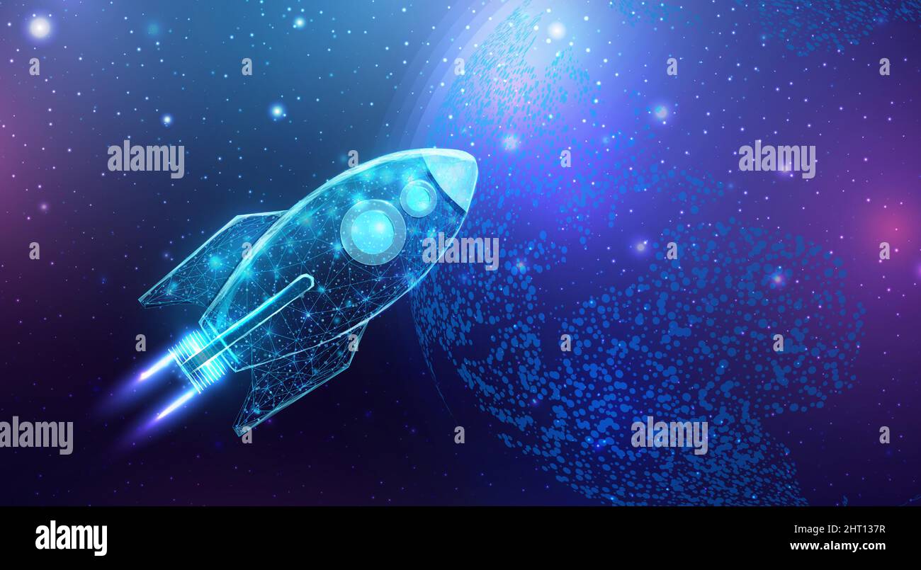 Wireframe polygonal rocket with globe map. Internet technology network ...