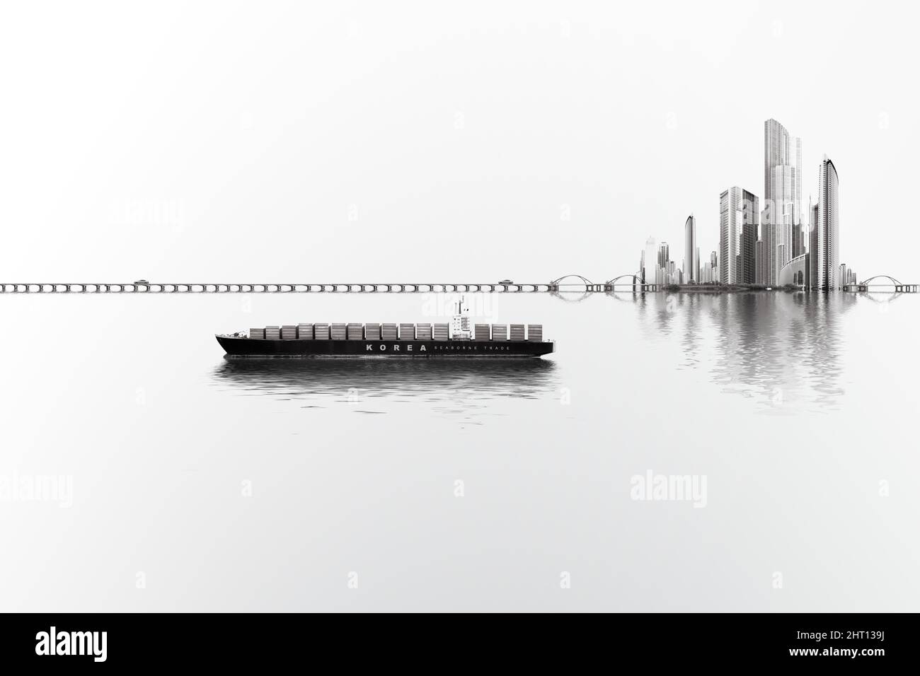 City tall buildings and trade ships and global industry and economy ...