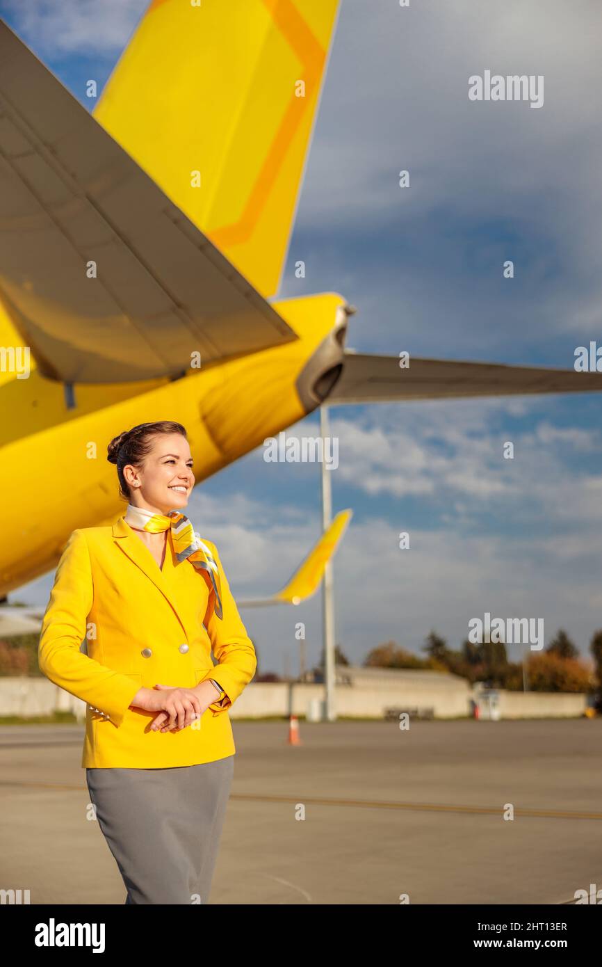 Cheerful female stewardess standing outdoors at airfield Stock Photo ...