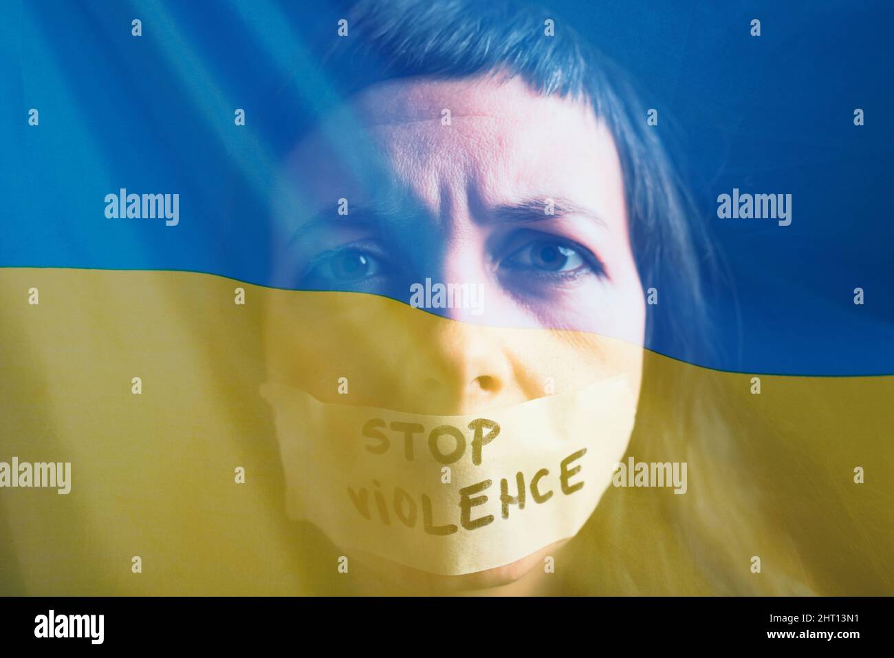 War between Russia and Ukraine. Woman with sad sight, Stop text over ...