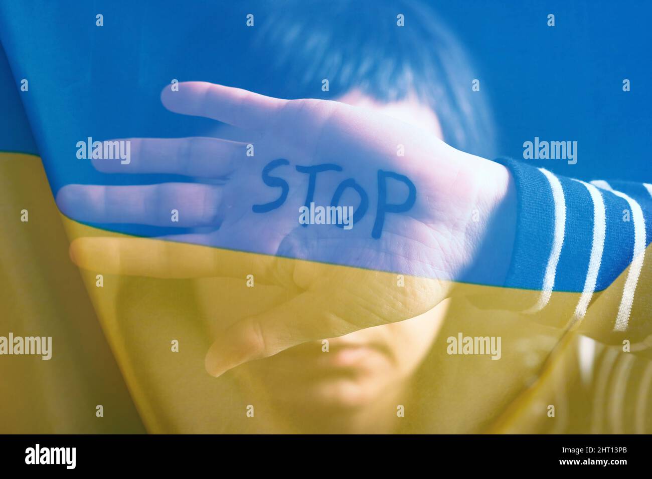 War between Russia and Ukraine. Woman with sad sight, Stop text over ...