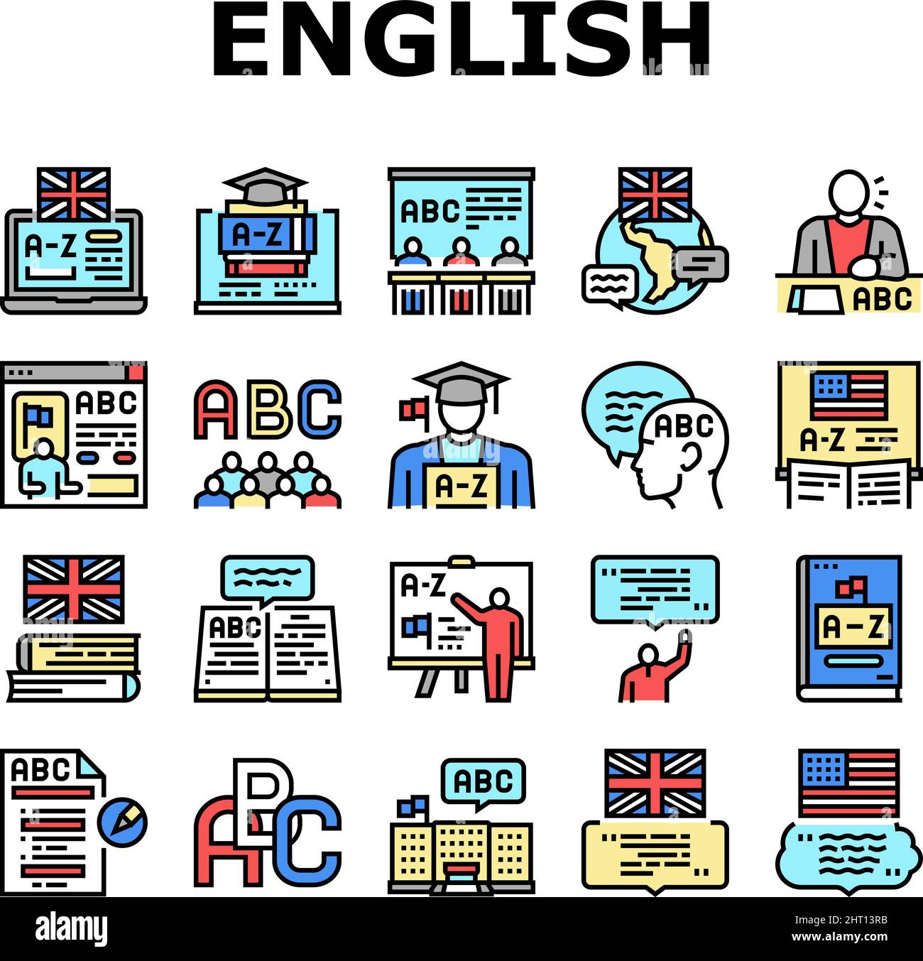 English Language Learn At School Icons Set Vector Stock Vector Image ...