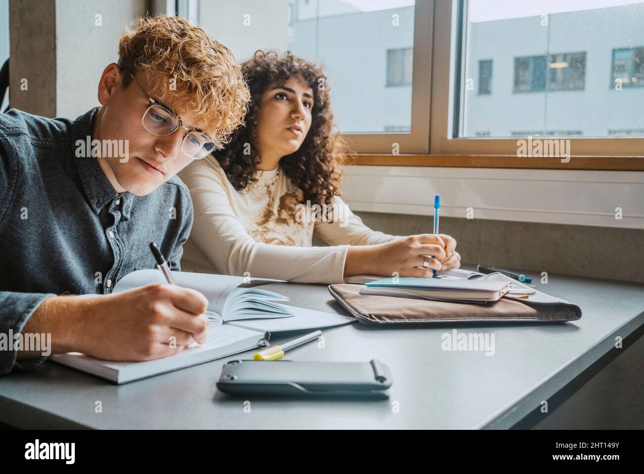 Young multiracial male and female students learning in classroom at ...