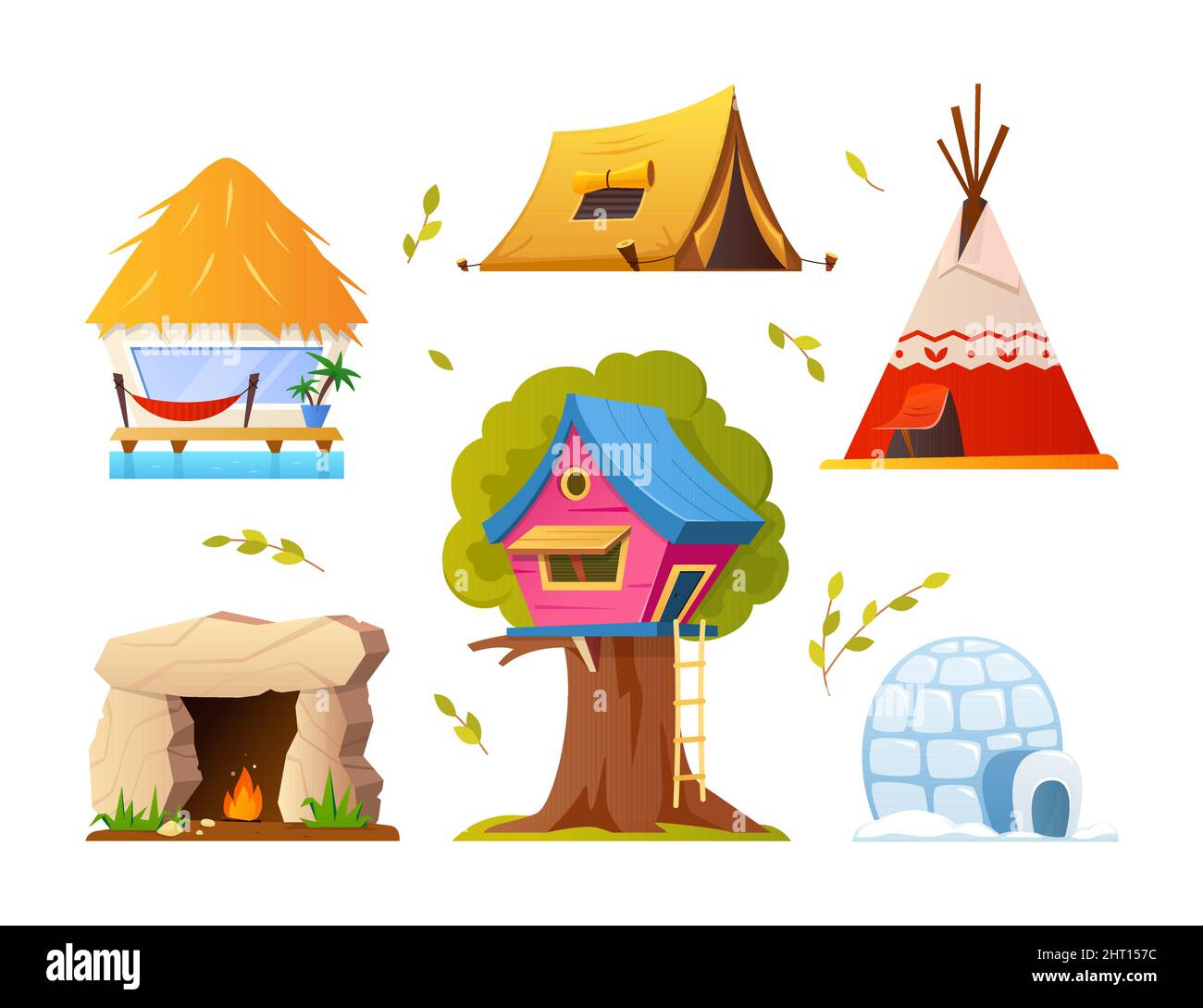 Buildings in harmony with nature - flat design style object set. Neat ...