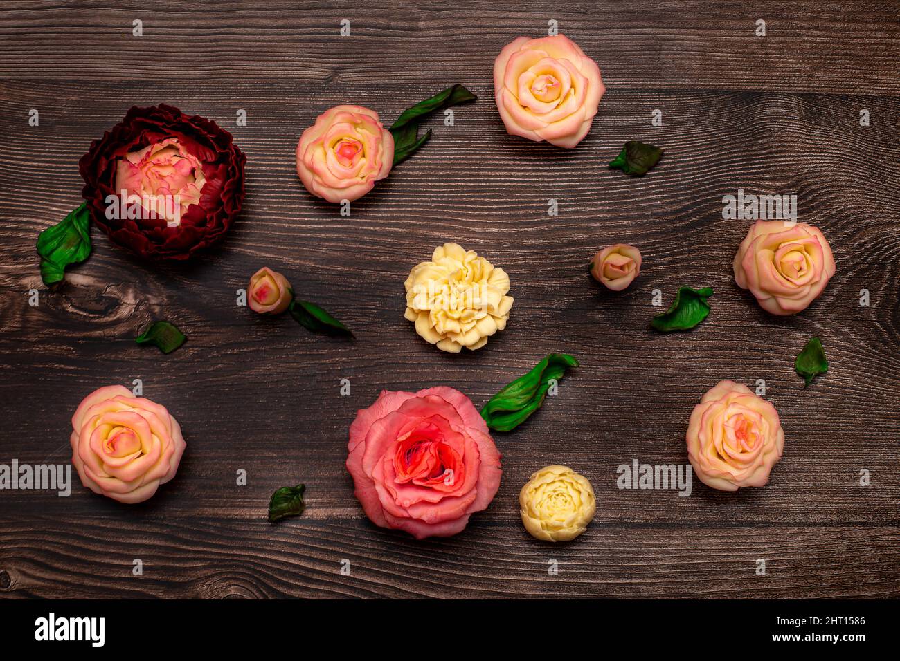 Chocolate flowers: pink roses, orange peonies, burgundy peonies. Edible ...