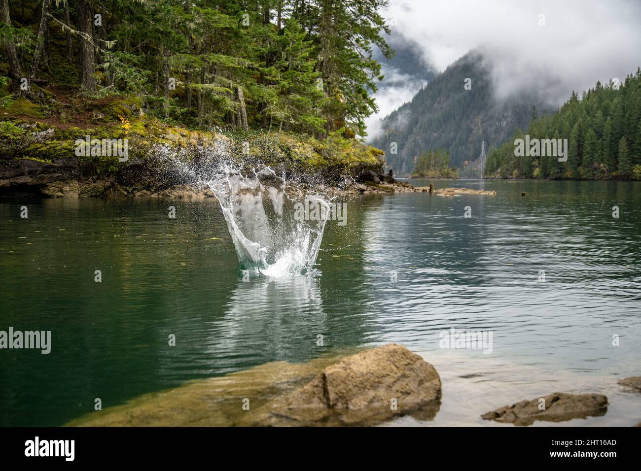 A scenic view of a water splash in a lake in a forest Stock Photo - Alamy