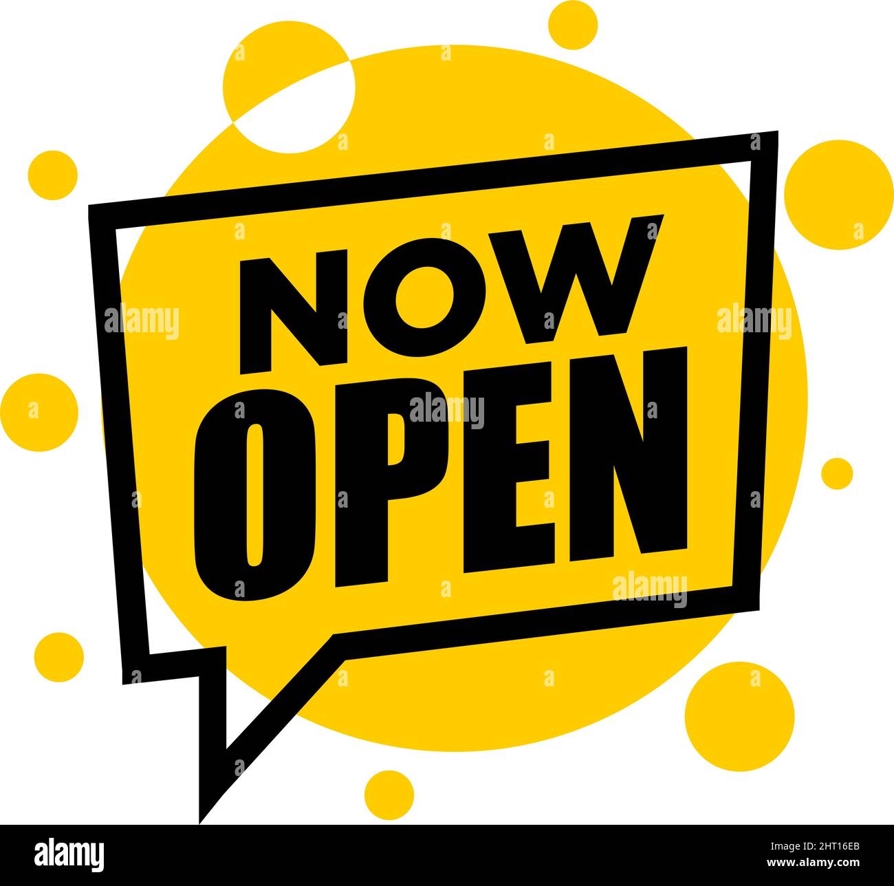Now open notice sign. Black ad on yellow liquid background. Vector ...