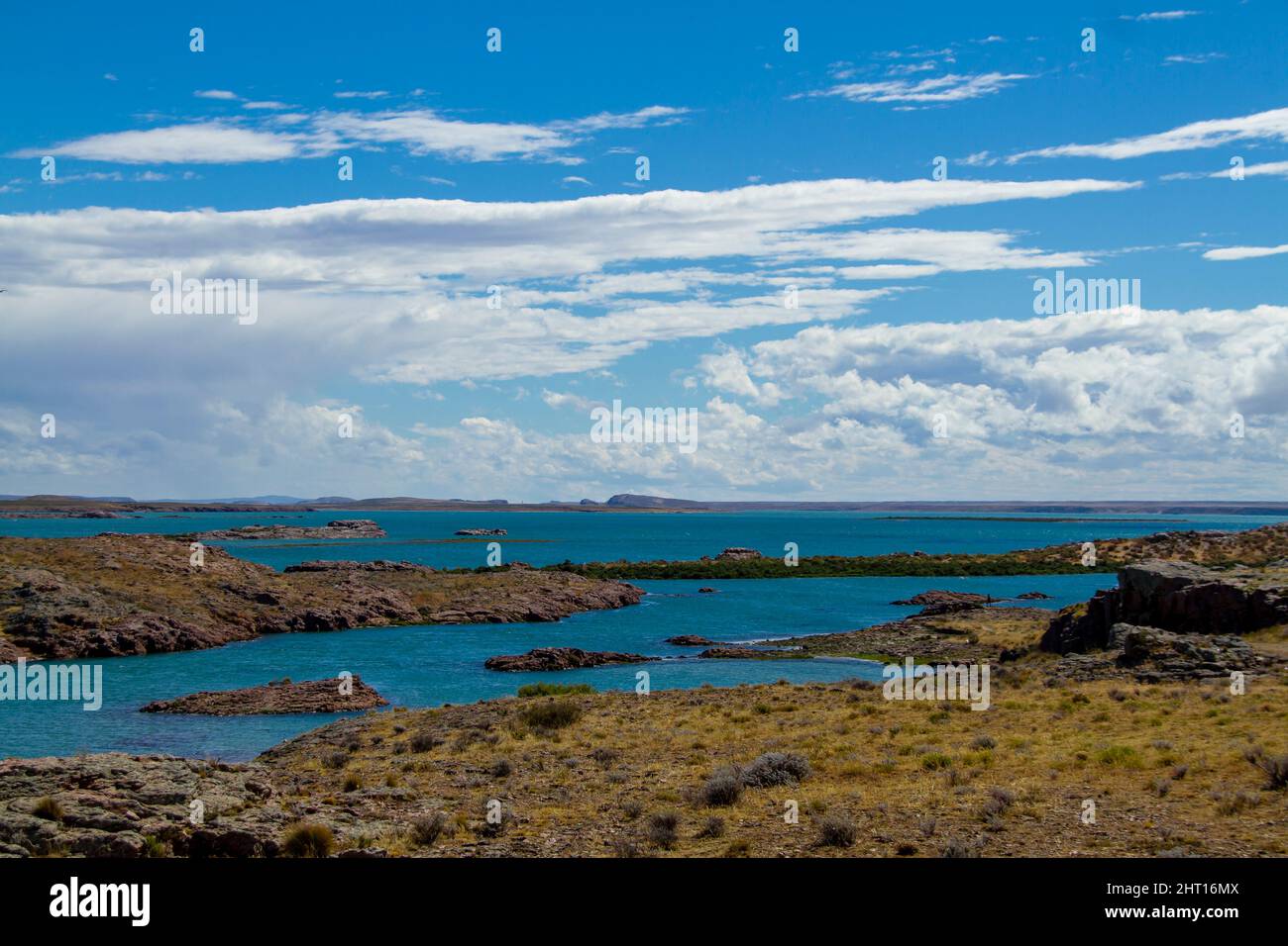 Beautiful landscape of a steppe river in Patagonia Argentina that flows ...