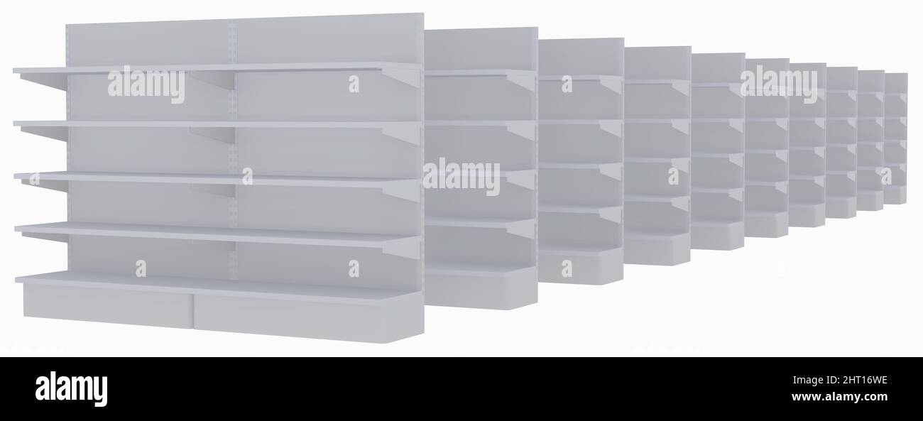 Empty White Display With Commercial Shelves. 3D. Front view and ...