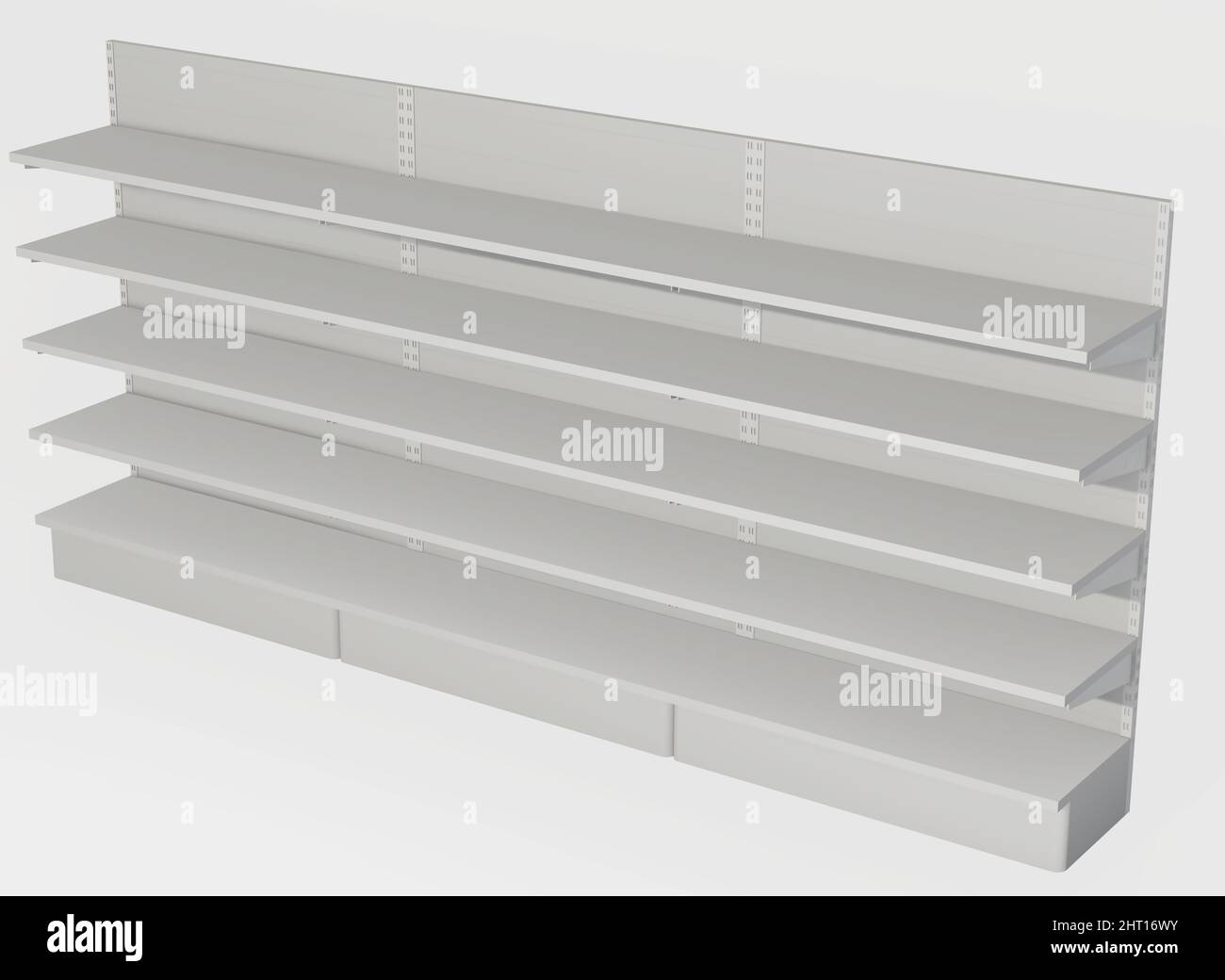Empty White Display With Commercial Shelves. 3D. Front view and ...