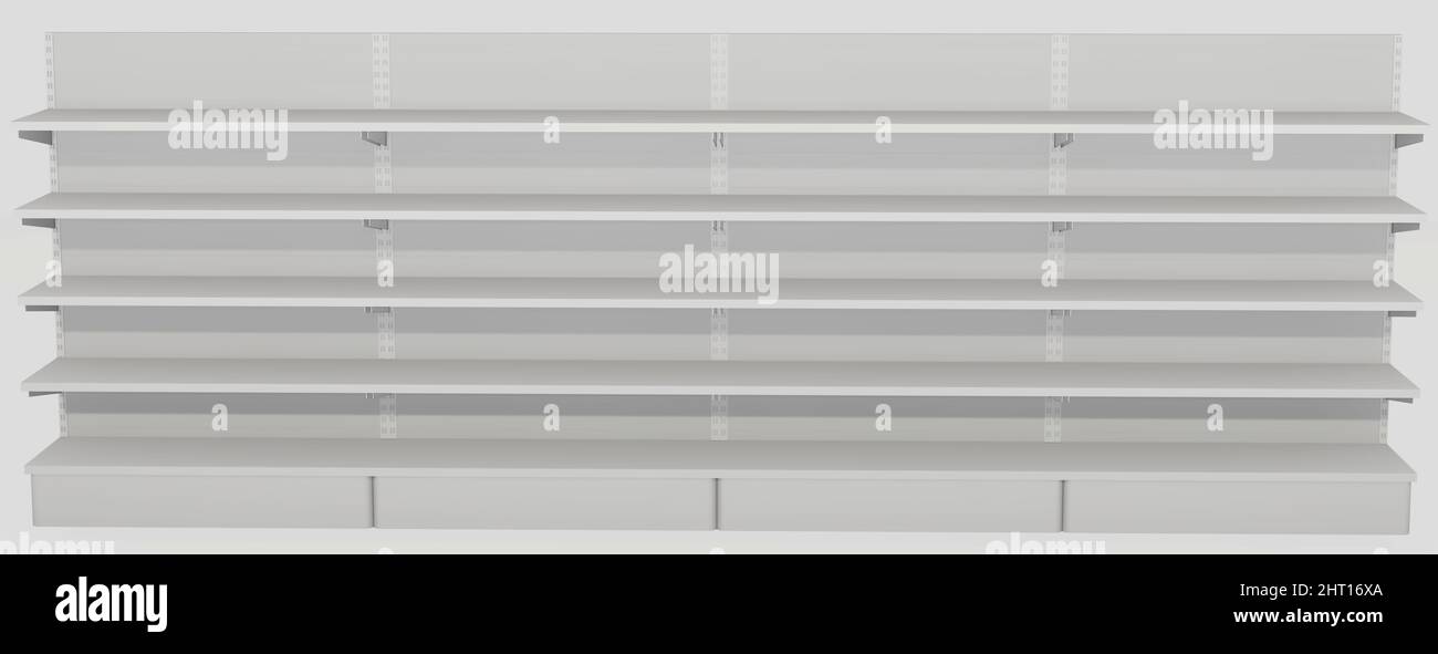 Empty White Display With Commercial Shelves. 3D. Front view and ...