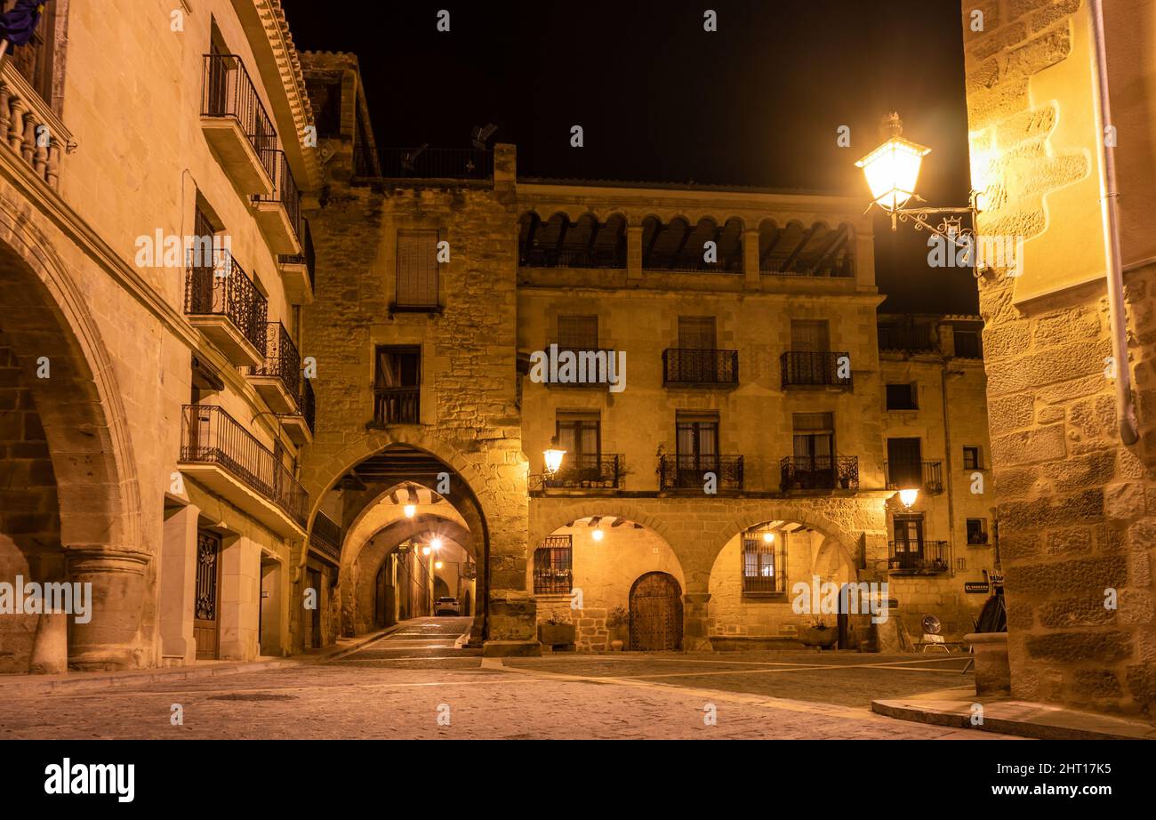 Spain, Oct 2021: Calaceite beautiful Spanish town by night, medieval ...