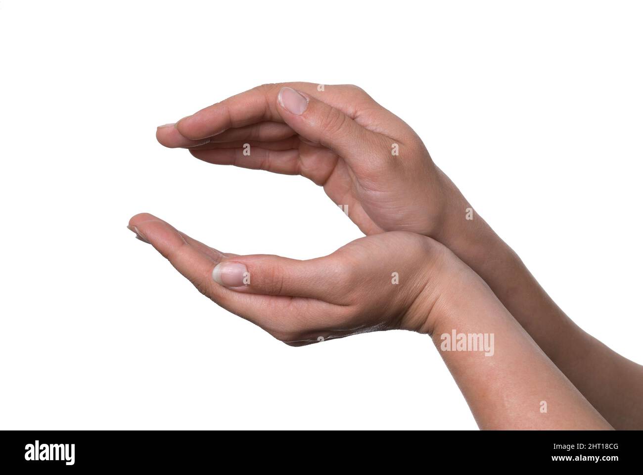 Flat woman's hand forms level for objects to project Stock Photo - Alamy