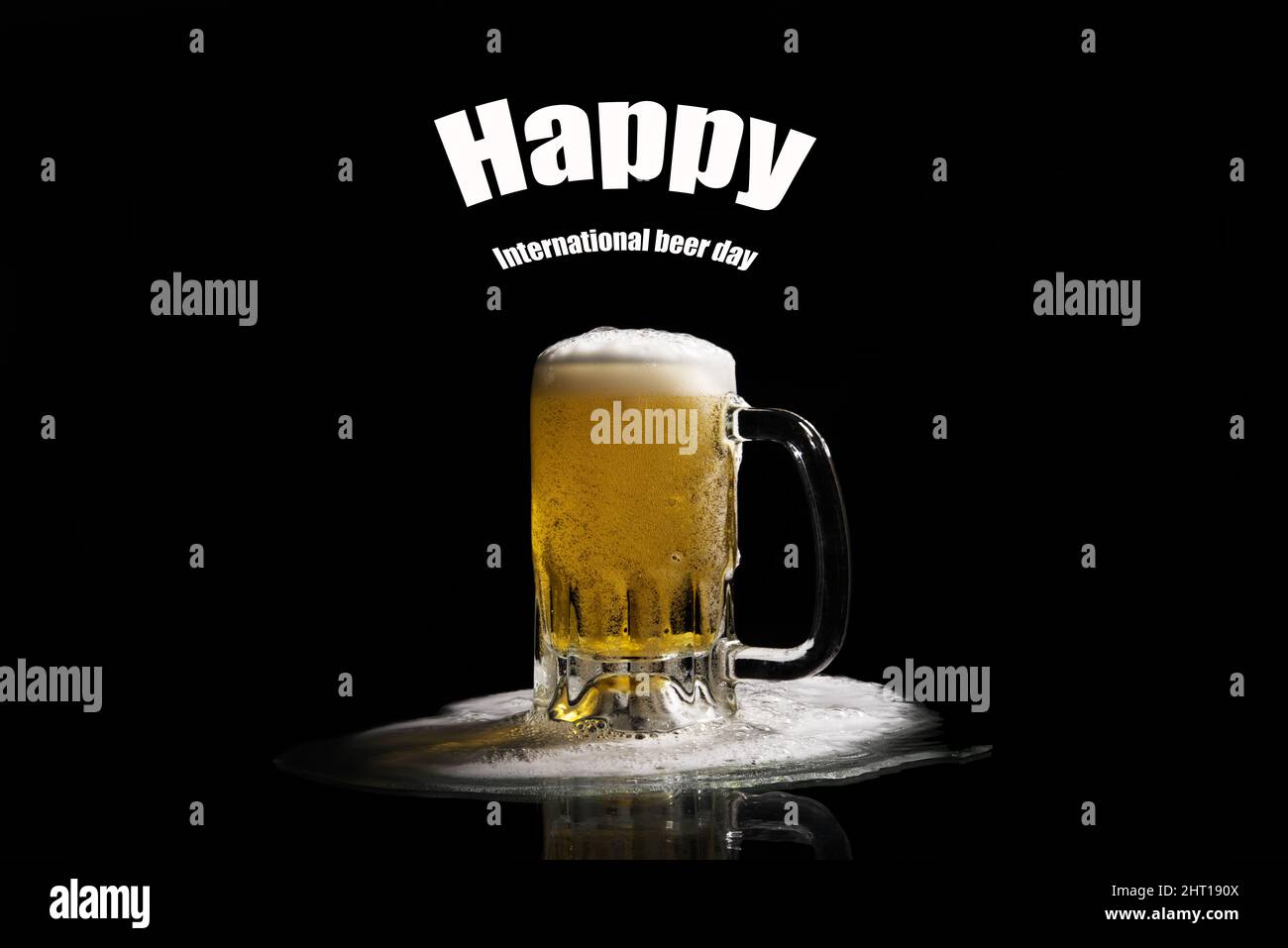 Refreshing and cold beer with "happy international beer day" text on ...