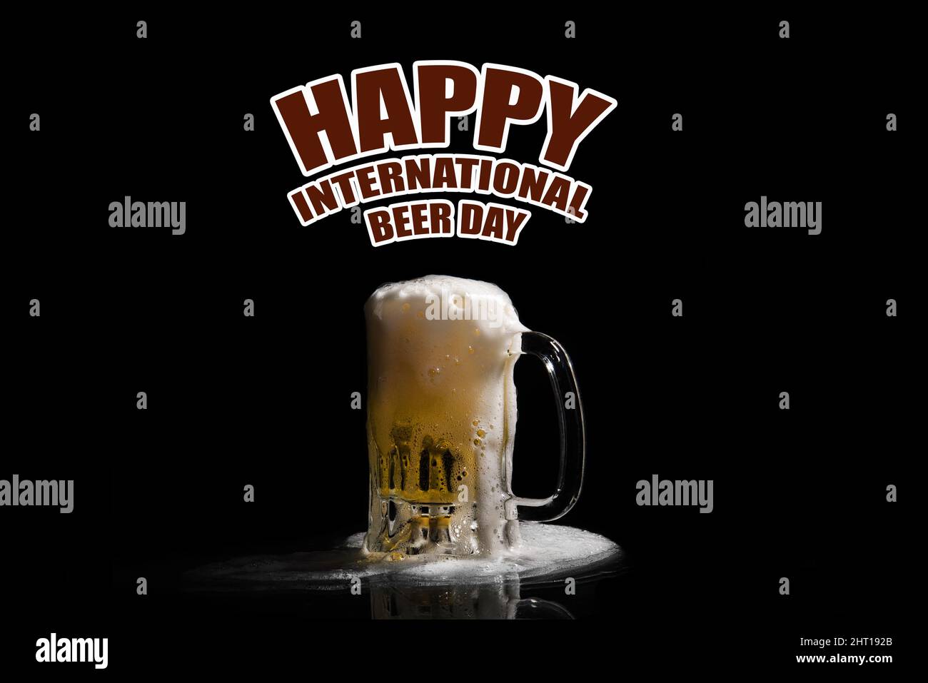 Refreshing and cold beer with "happy international beer day" text on ...