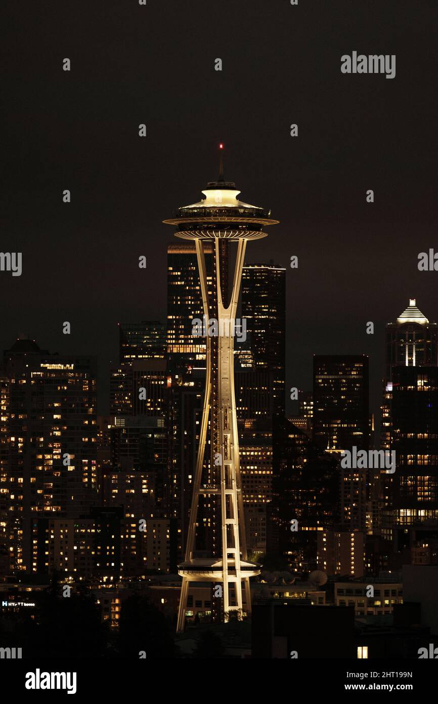 View of the Space Needle and skyscrapers at night, Seattle, Washington ...