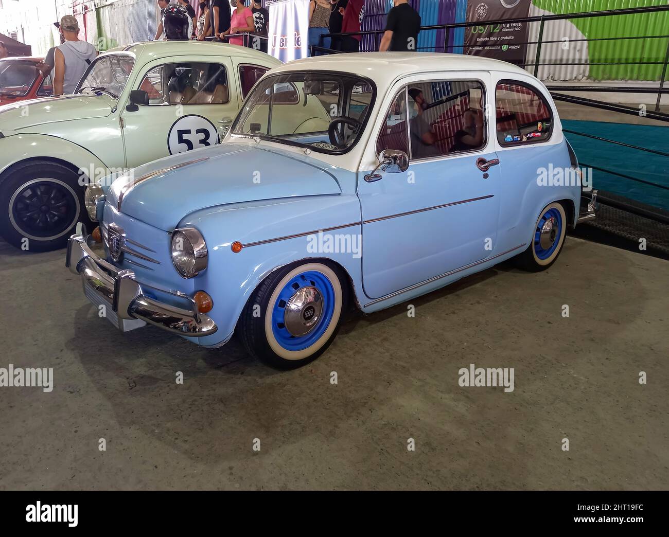 Light blue classic Fiat 600 sedan coupe rear-engined unibody car circa ...