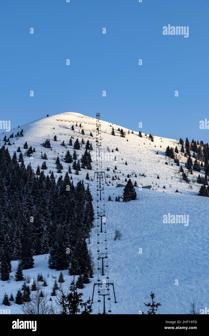 Vertical shot of cable cars on a hill covered in the snow and trees in ...