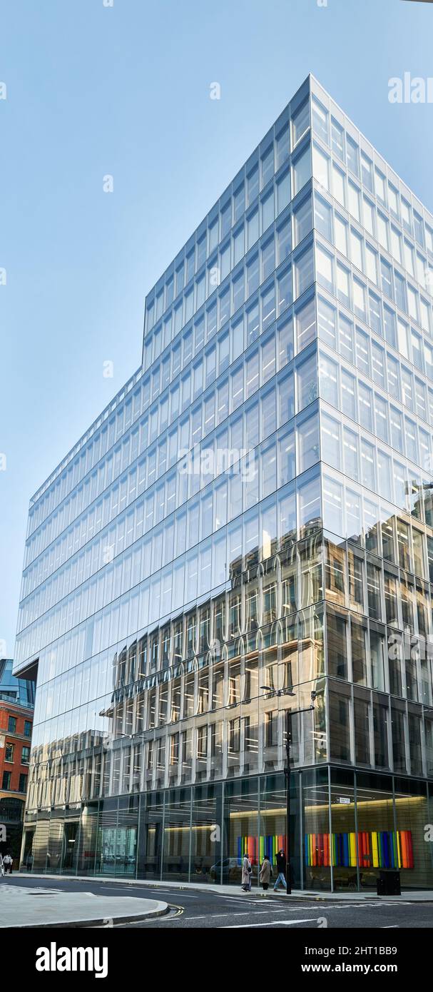 St Bartholomew's hospital reflected in the glass skyscraper building at ...