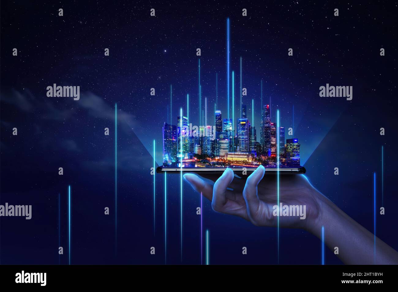 Modern cityscape and communication network concept. (Internet of Things ...