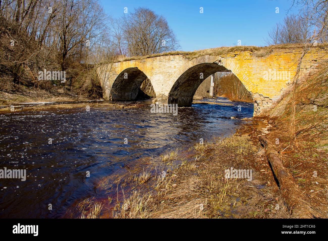 Bridge over the Lava River in the village of Vasilkovo. The only arched ...