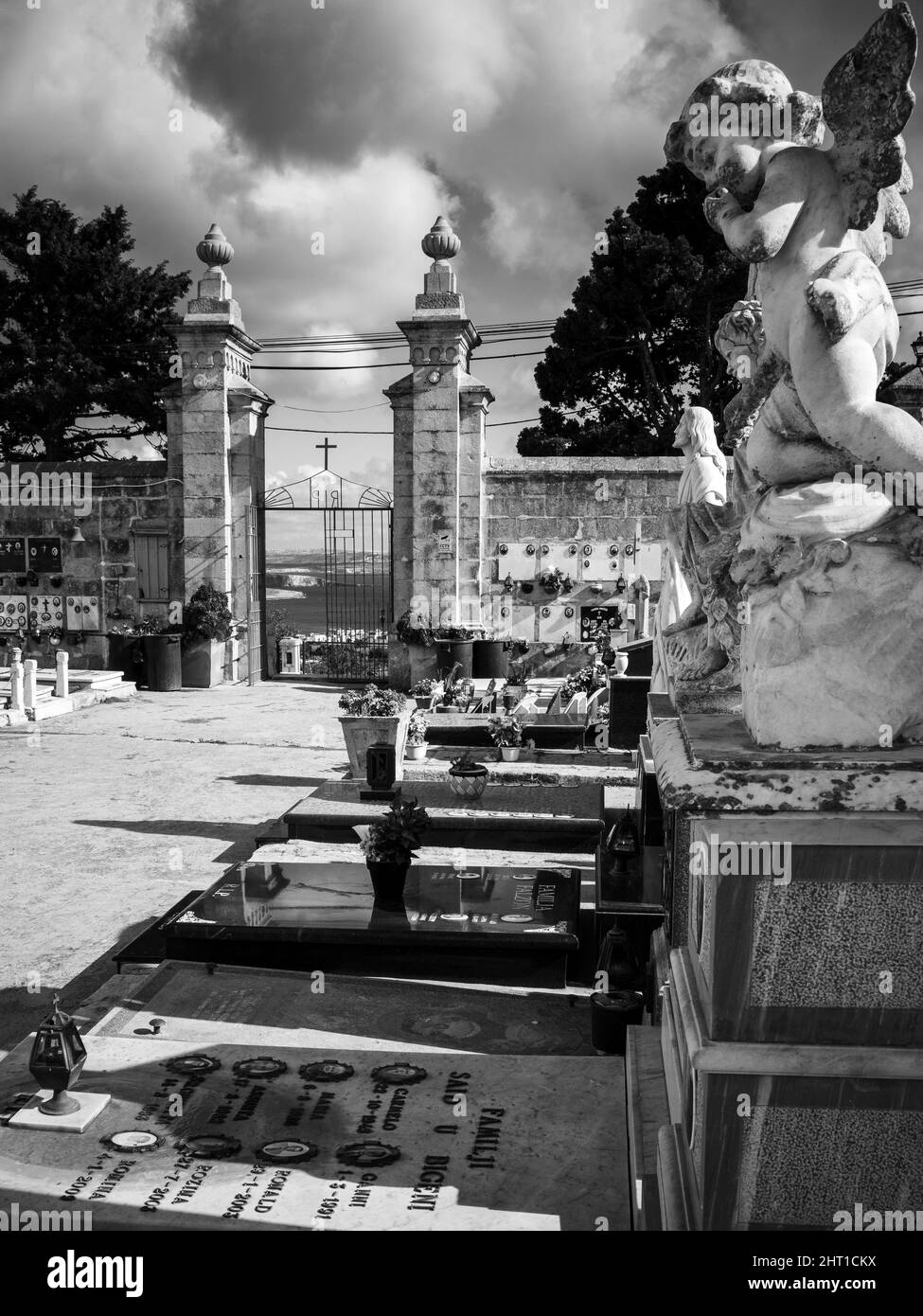 Vertical shot of the Family burial plot in grayscale Stock Photo - Alamy