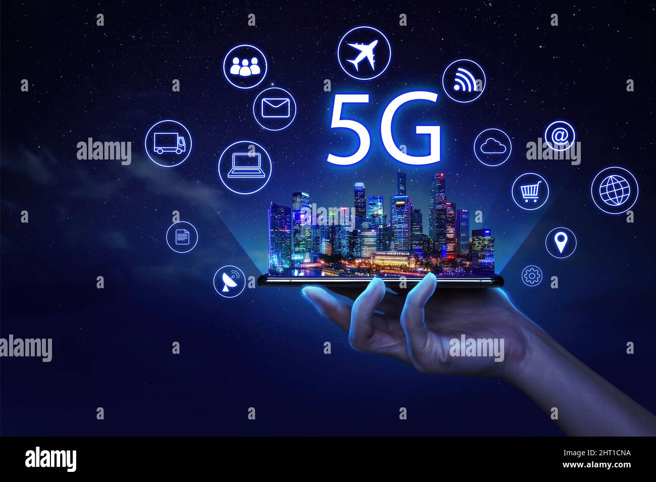 5G new wireless internet wifi connection. Smart city or intelligent ...