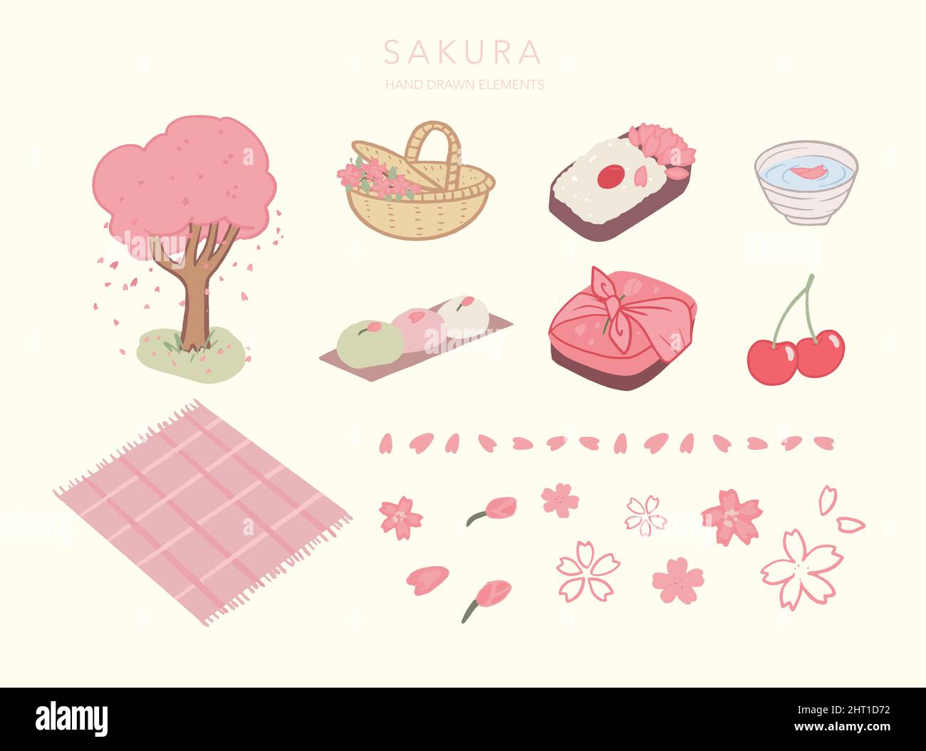 Set of isolated sakura hanami hand drawn picnic elements Stock Vector ...