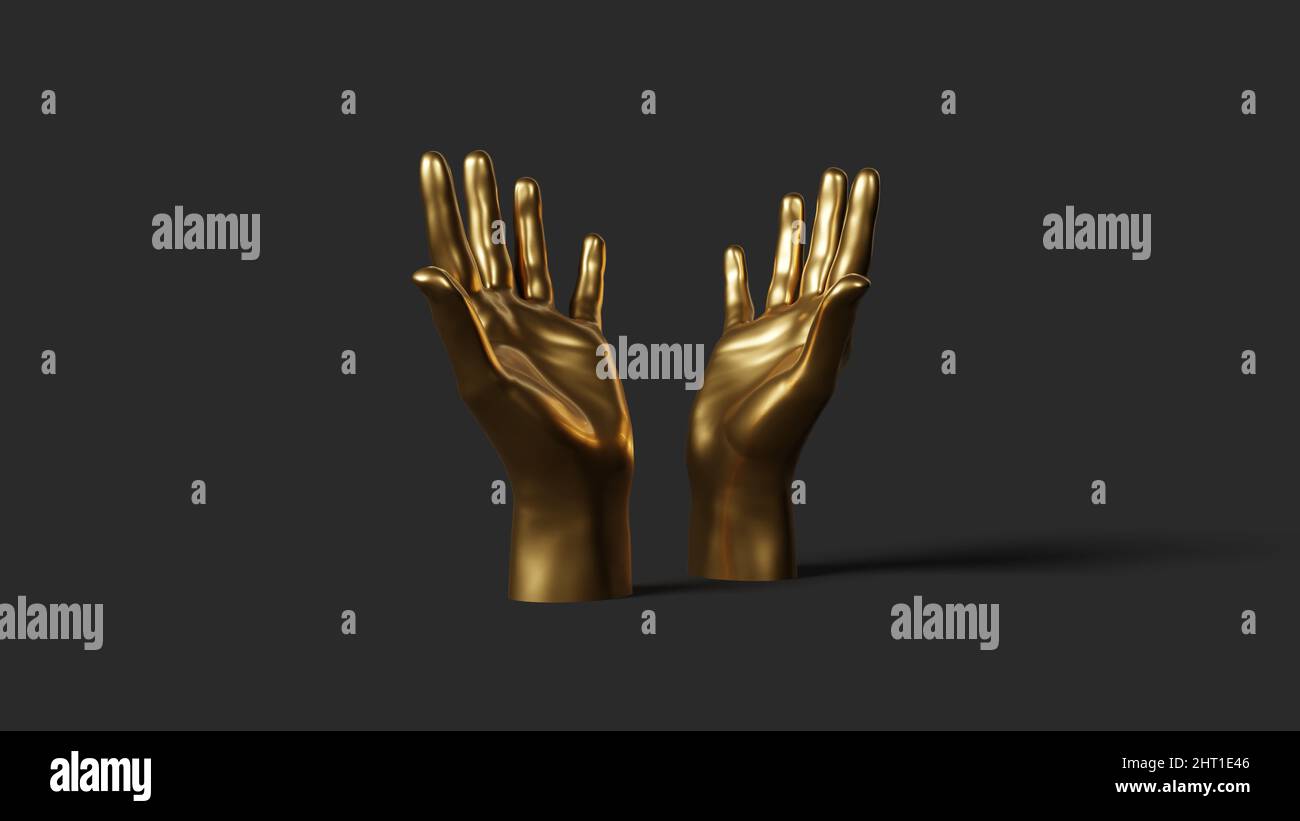 Golden hands gesture, shiny, metallic. Isolated on black background. 3d ...