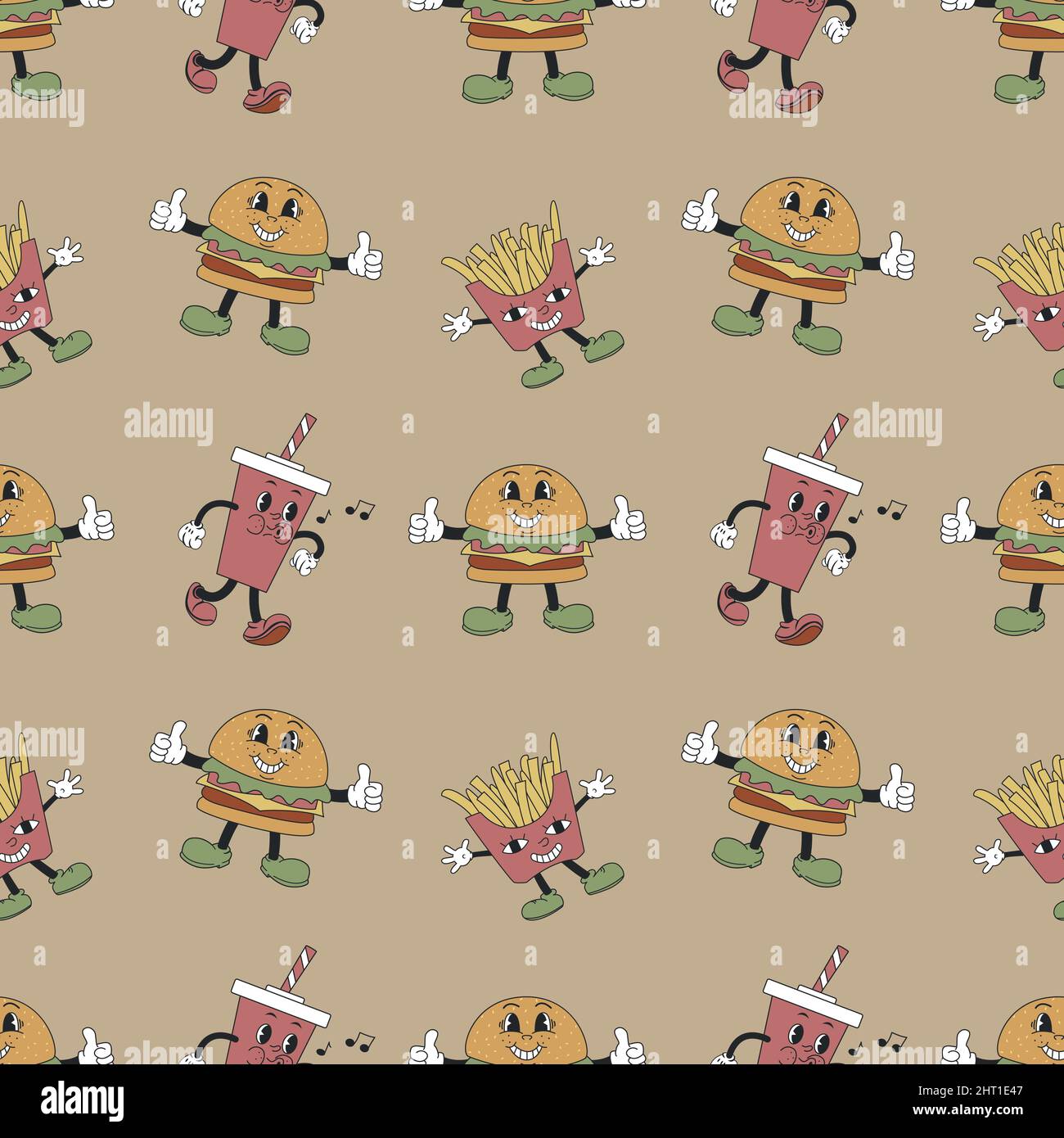 Seamless pattern with French fries, burgers and soda. Retro mascot ...