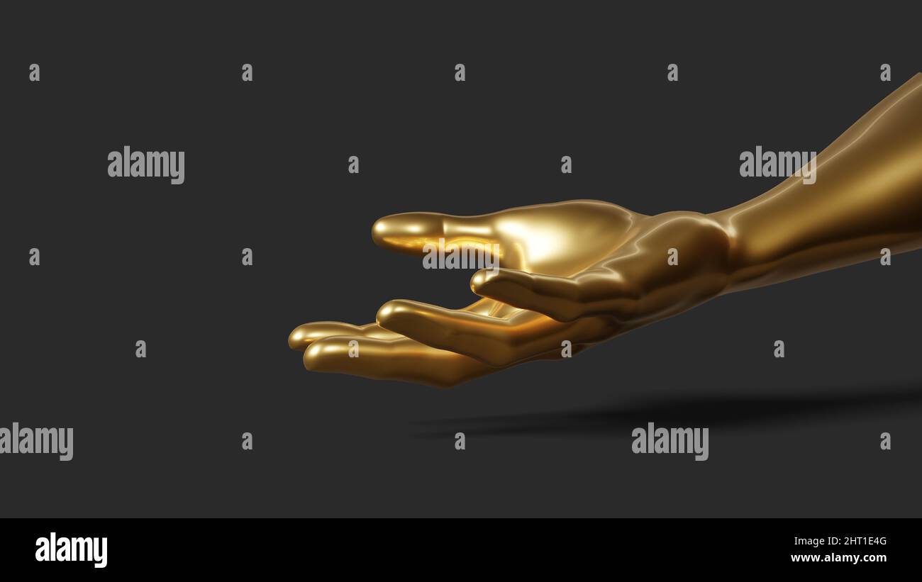 Hand gesture. Hand in gold paint, shiny, metallic. Isolated on black ...