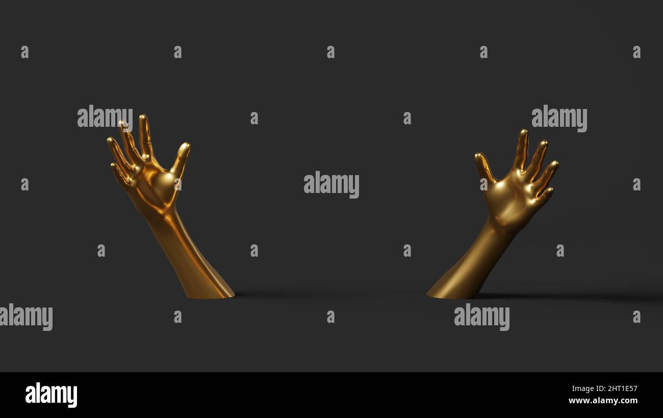 Hand gesture. Hand in gold paint, shiny, metallic. Isolated on black ...