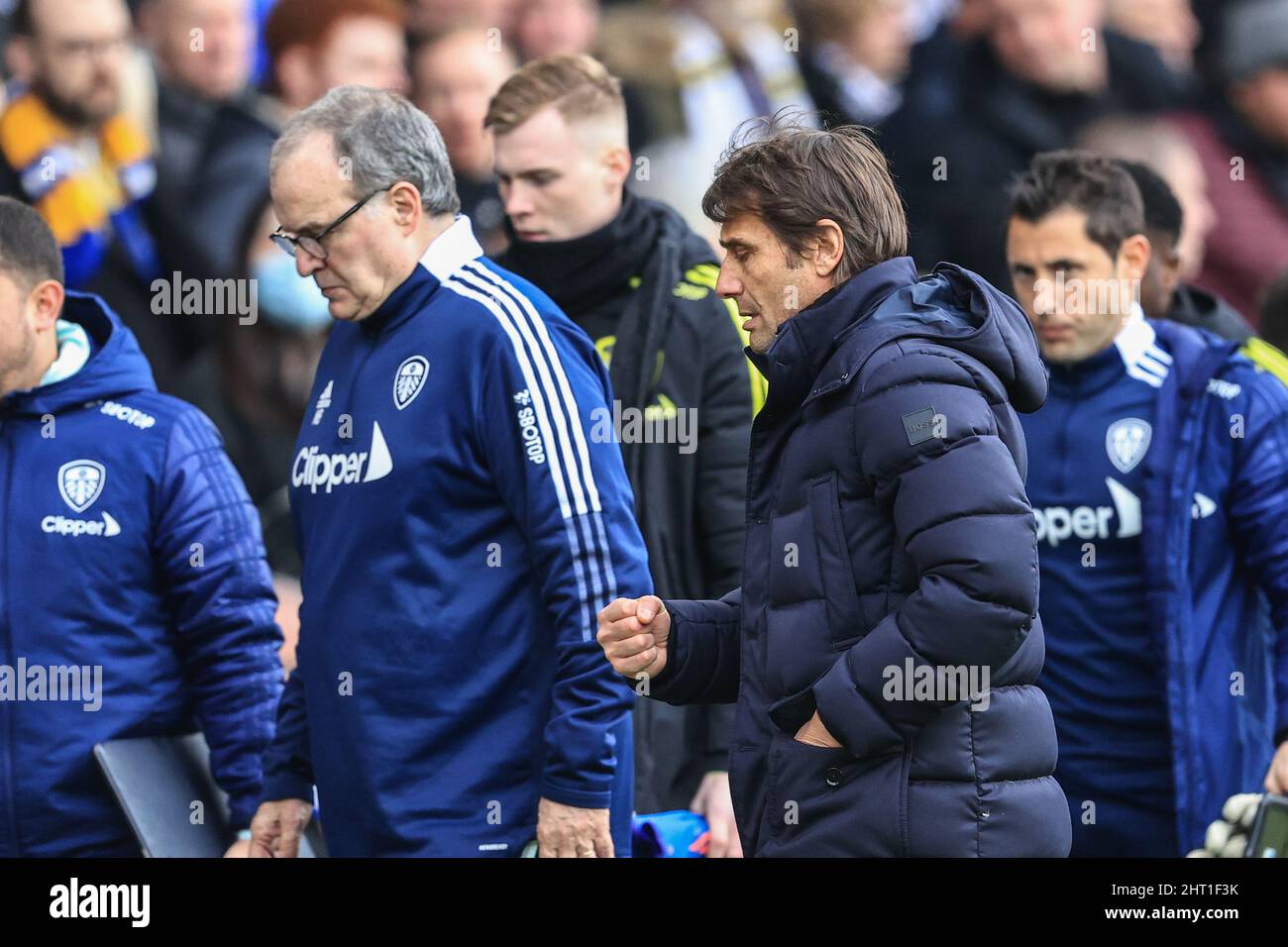 Leeds, UK. 26th Feb, 2022. Antonio Conte manager of Tottenham Hotspur punches the air in front ...