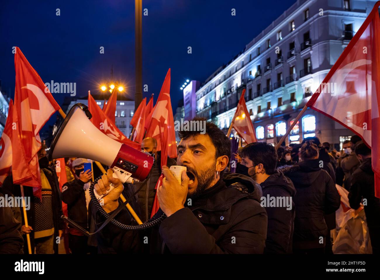 Madrid, Spain. 26th Feb, 2022. Protestors shouts slogans as he takes ...