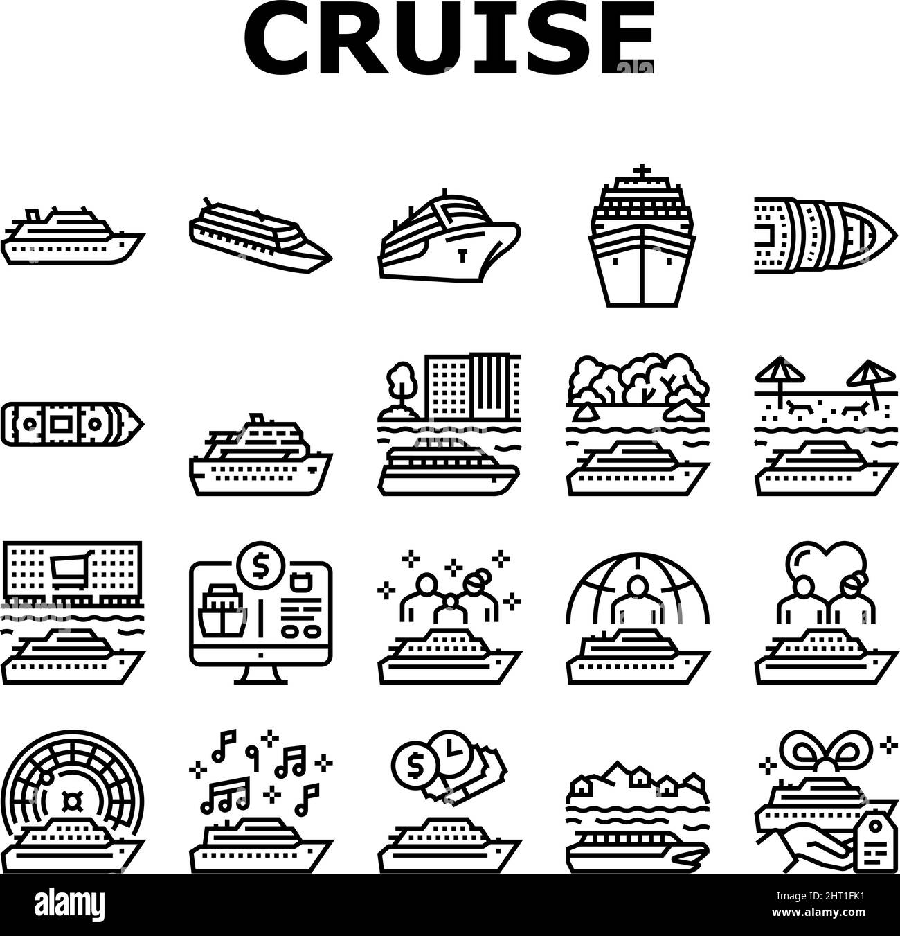 Cruise Ship Vacation Enjoyment Icons Set Vector Stock Vector Image ...