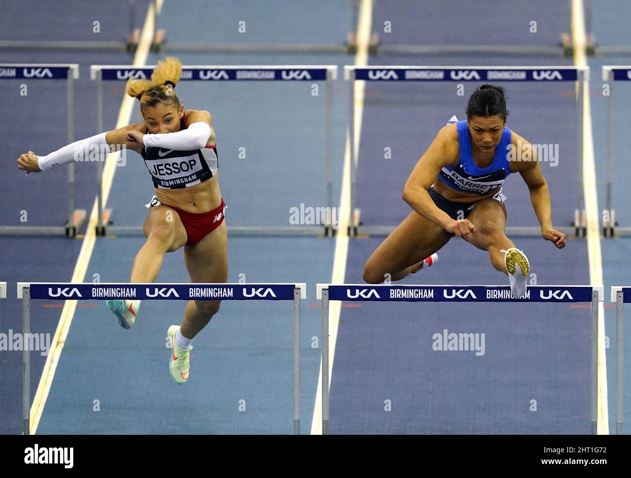 Alicia Barrett (right) in the Women's 60m Hurdles Heats during day one ...