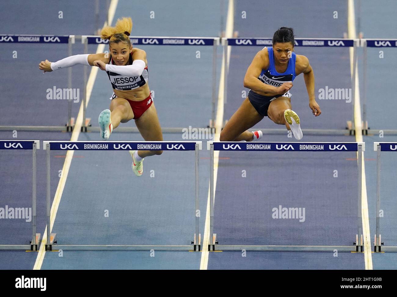 Alicia Barrett (right) in the Women's 60m Hurdles Heats during day one ...