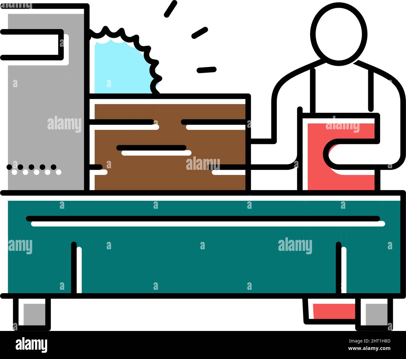 worker cutting wooden timber with sawmill machine color icon vector ...